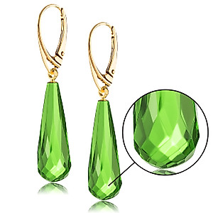 Amber by Mazukna - Amber Earrings for Women, Green Gemstone Teardrop, Gold Plated Silver ag925 Closure, 1.77x0.34in 0,07oz, Dangle Semi-Precious Stone Jewelry (Gold Plated)