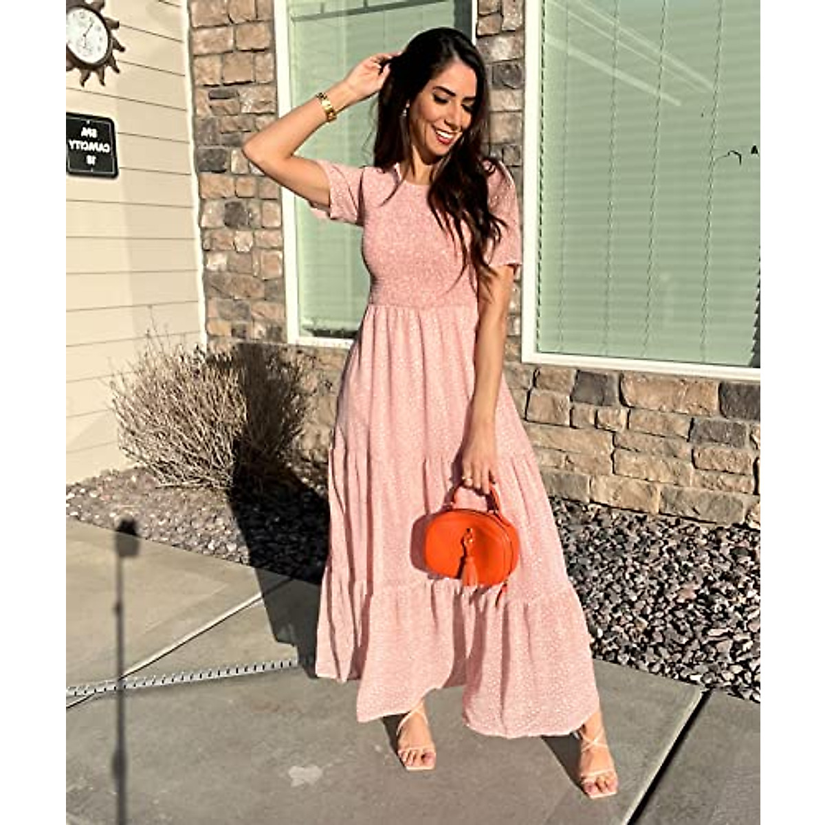 BTFBM Women Casual Short Sleeve Crew Neck Summer Dress Bohemian Floral Printed Flowy Maxi Dresses Tiered Cocktail Dress（Pink, Small