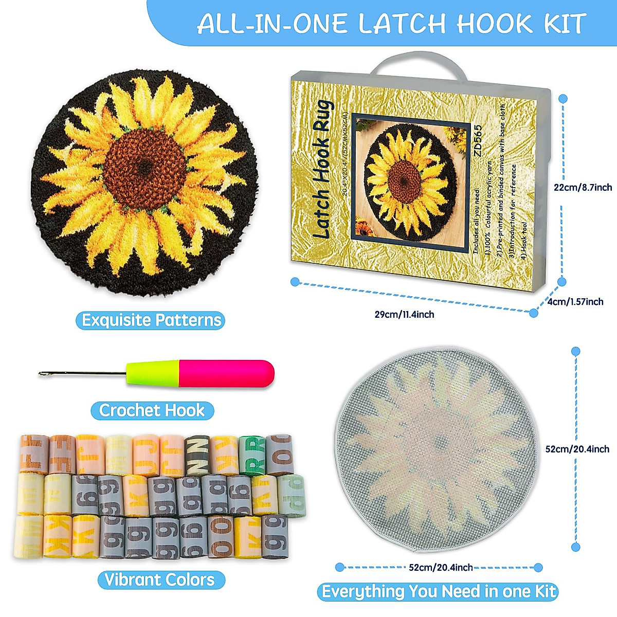 MIAOLLUN Latch Hook Rug Kit, Sunflower Pattern Printed Canvas DIY Rug Crochet Yarn Kits, Embroidery Decoration 20.4" X 20.4" (52 * 52cm)