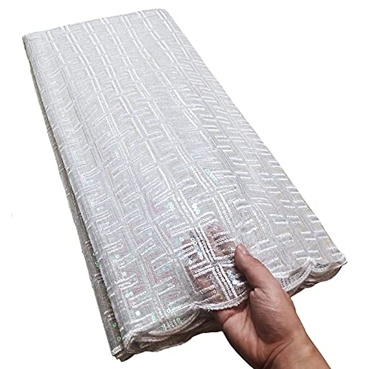 Bestway Lace White African Sequins Lace Fabric 5 Yards Nigerian Embroidered French Tulle Lace Fabric for Party Wedding(White)