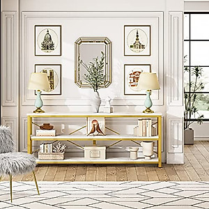 LITTLE TREE 70'' Narrow Long Sofa Console Table with 3-Tier Storage Shelf for Living Room, Faux Marble White & Gold