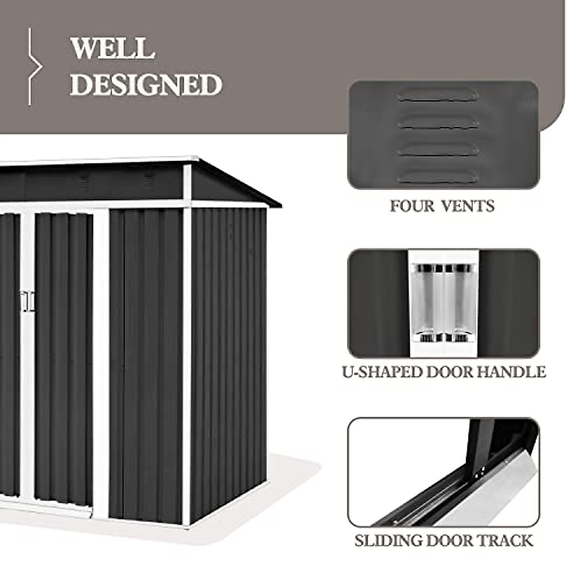 Incbruce Outdoor Storage Lawn Steel Roof Style Sheds 6' x 4' Outside Tool House with Sliding Door (Grey)