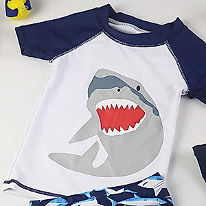 Baby Boys Two Piece Swimsuits Rash Guard Short Sleeve Shark Bathing Suit Swimwear Sets with Hat UPF 50+ for Kids (White Shark, 6-7 Years)