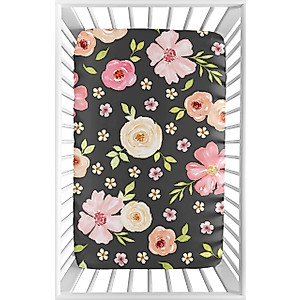 Sweet Jojo Designs Black and Blush Pink Shabby Chic Baby Girl Fitted Mini Portable Crib Sheet for Watercolor Floral Collection - Rose Flower - for Mini Crib or Pack and Play ONLY