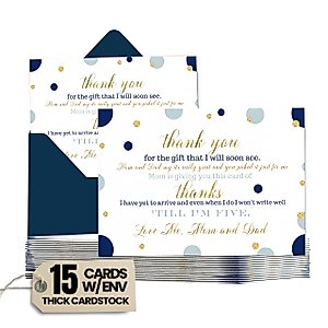 Paper Clever Party Navy and Gold Baby Shower Thank You Cards with Envelopes Blank Notes Prefilled with Message Boys, Personalize for Registry Gifts Royal Prince Notecard Set 4x6 Stationery 15 Pack