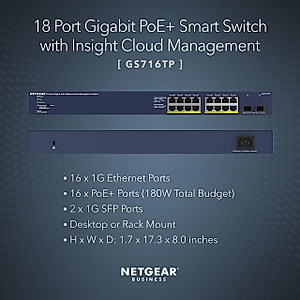 NETGEAR 18-Port PoE Gigabit Ethernet Smart Switch (GS716TP) - Managed, Optional Insight Cloud Management, 16 x PoE+ @ 180W, 2 x 1G SFP, Desktop or Rackmount, and Limited Lifetime Protection