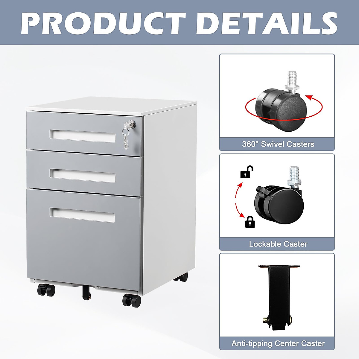 YIGUO 3 Drawer Mobile File Cabinet with Lock