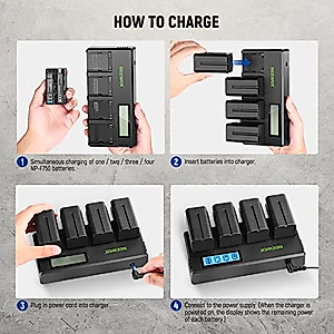 Neewer 4 Packs NP-F750 Replacement Batteries 7.4V 5600mAh with 4 Channel Battery Charger & Power Adapter, Compatible with NP-F550/750/770/970 FM500H QM71D QM91D, Field Monitor, Video Light