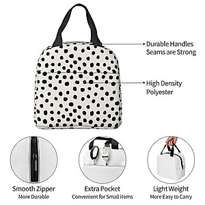 Insulated Lunch Bag Reusable Lunch Box, Cooler Lunch Tote Bag with Front Pocket for Picnic Office Work, Cute Black And White Polka Dot