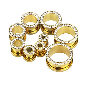Awinrel 8 Pieces Black Gold Plated Stainless Steel Gem Rhinestones Screw Fit Ear Plug Gauges Flesh Tunnels Eyelet Stretcher Body Piercing Jewelry 10mm