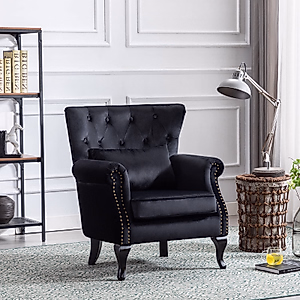 LZAREAL Accent Reading Arm Chairs Set of 2 for Living Room Bedroom, Midcentury Modern Comfy Corner Sofa Chair, Wingback Waiting Room Club Chair with Button Tufted Back &Lumbar Pillow, Velvet Black