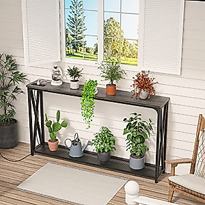 Karcog Narrow Console Table with Recessed Power Strip, 47 Inch Sofa Entry Table with 2 AC Outlets & 2 USB Ports, Industrial Farmhouse Style Accent Hallway Table for Living Room, Grey Oak