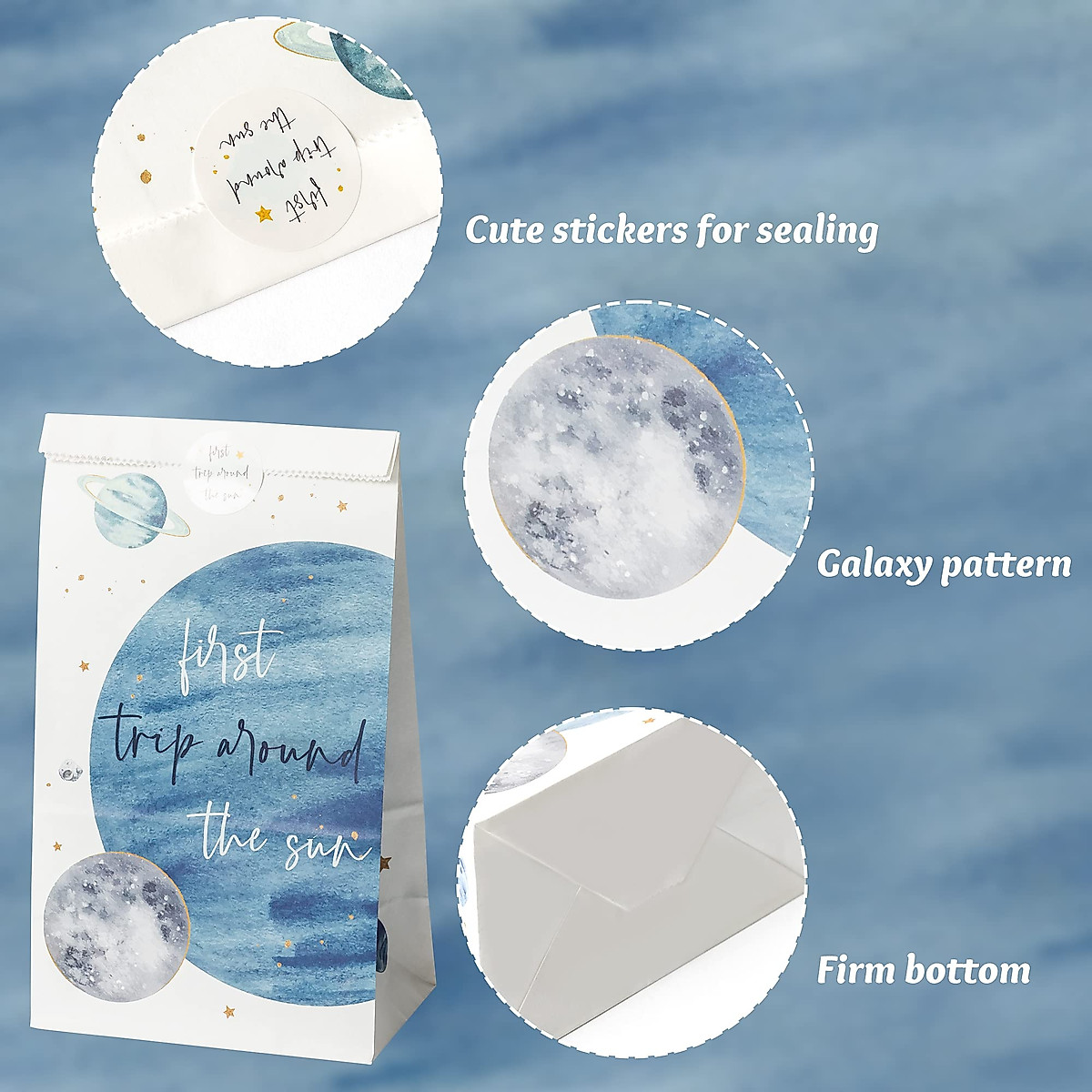 GROBRO7 26Pcs First Trip Around The Sun Space Party Favor Bag with Stickers Solar System Goodie Bags Paper Treat Bag Present Candy Planet Gift Bags Party Supplies for Boy Girl 1st Birthday Baby Shower