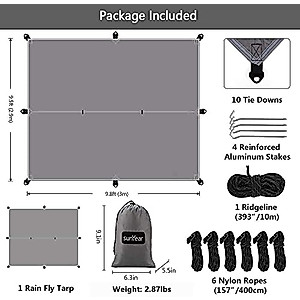 Hammock Rain Fly Tent Tarp Provides Effective Protection Against Rain, Snow. 32ft Long Ridgeline. Big 9.8x9.5ft Durable, Waterproof 210D Oxford. 6 Reflective Guy Lines, 2 Stuff Sacks. Easy Assembly