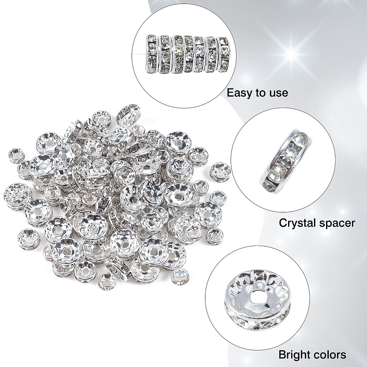 TOAOB 200pcs Rondelle Spacer Beads 6mm 8mm 10mm Round Crystal Czech Loose Spacer Beads Silver Rhinestone Charms Beads with Elastic String for DIY Crafts Jewelry Making Necklace Bracelet