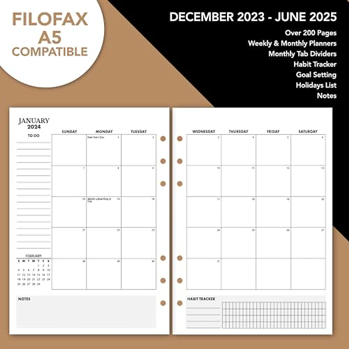 2024/25 A5 Calendar Planner Inserts - 8 1/4 x 5 5/8 (21cm x 14.2cm) - Ivory Color - Thick Monthly & Weekly Calendar Refill for A5 6-Ring Binder Planner, Compatible with Filofax, to June 2025