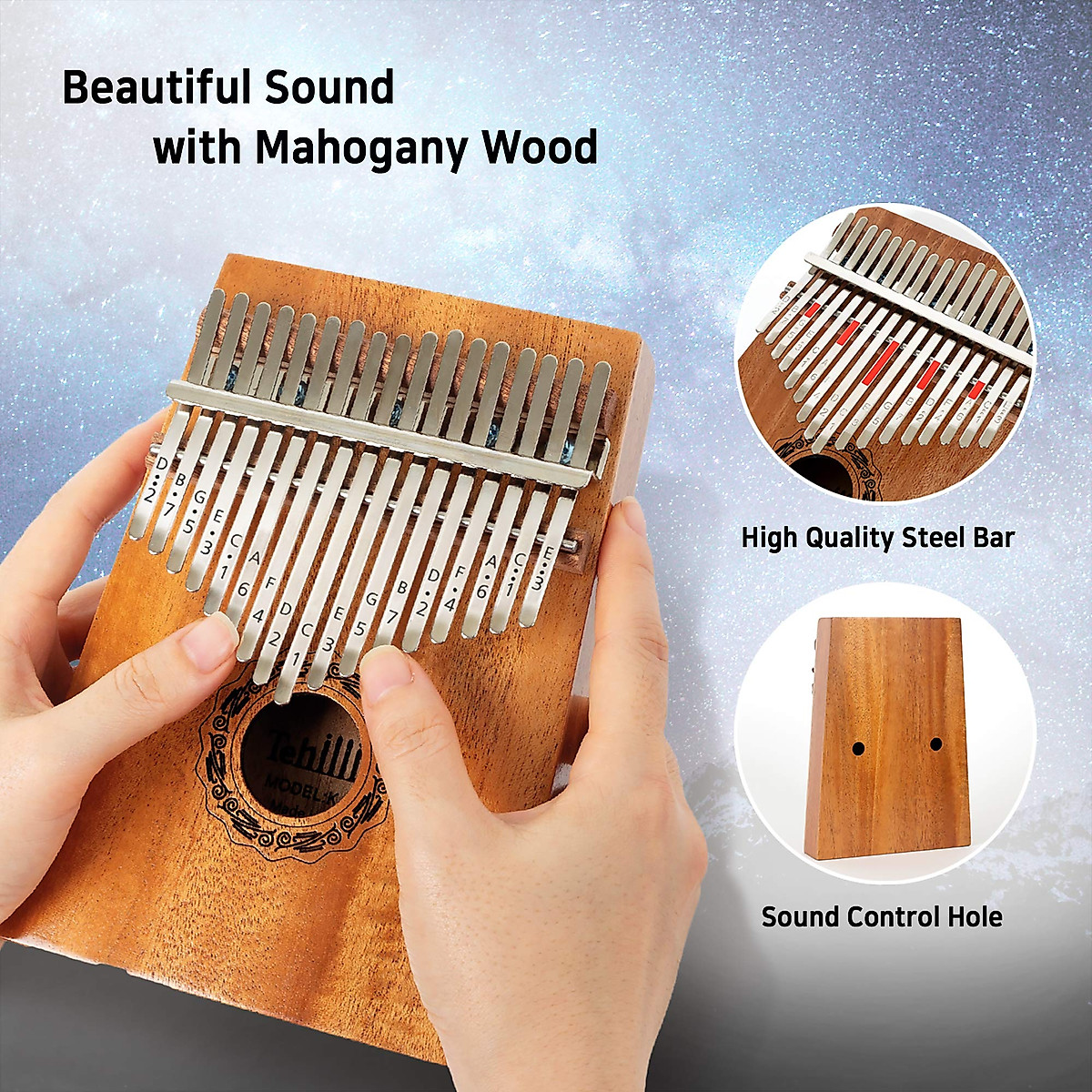 Tehillim Kalimba 17 Keys Thumb Piano with Hard Case, Study Instruction and Tunning Hammer, Portable Mibra Sanza African Wood Finger Piano, Gift for Kids Adult Beginners Professional (Mahogany wood)