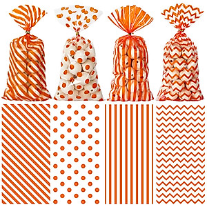 Whaline 160Pcs Fall Cellophane Treat Bags Orange Stripe Wave Dot Candy Plastic Goody Bags Autumn Cookie Snack Packing Decor with Twist Ties for Autumn Thanksgiving Birthday Party Favor, 5.1 x 10.6in