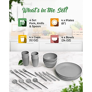 GREENDISH Wheat Straw Dinnerware Set 24-Piece - Cups, Plates and Bowls Sets for 4 with Reusable Cutlery Utensils - Unbreakable Wheatstraw Plastic Dinnerware Set with Fork Spoon Knife - Dishwasher Safe