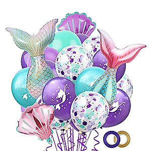 Mermaid Tail Balloon,Mermaid Theme, Under The Sea Party Decoration Birthday Supplies, Mermaid Tail Sea Shell Foil Balloons,Mermaid Design Latex Balloons for Let's Be Mermaids Party