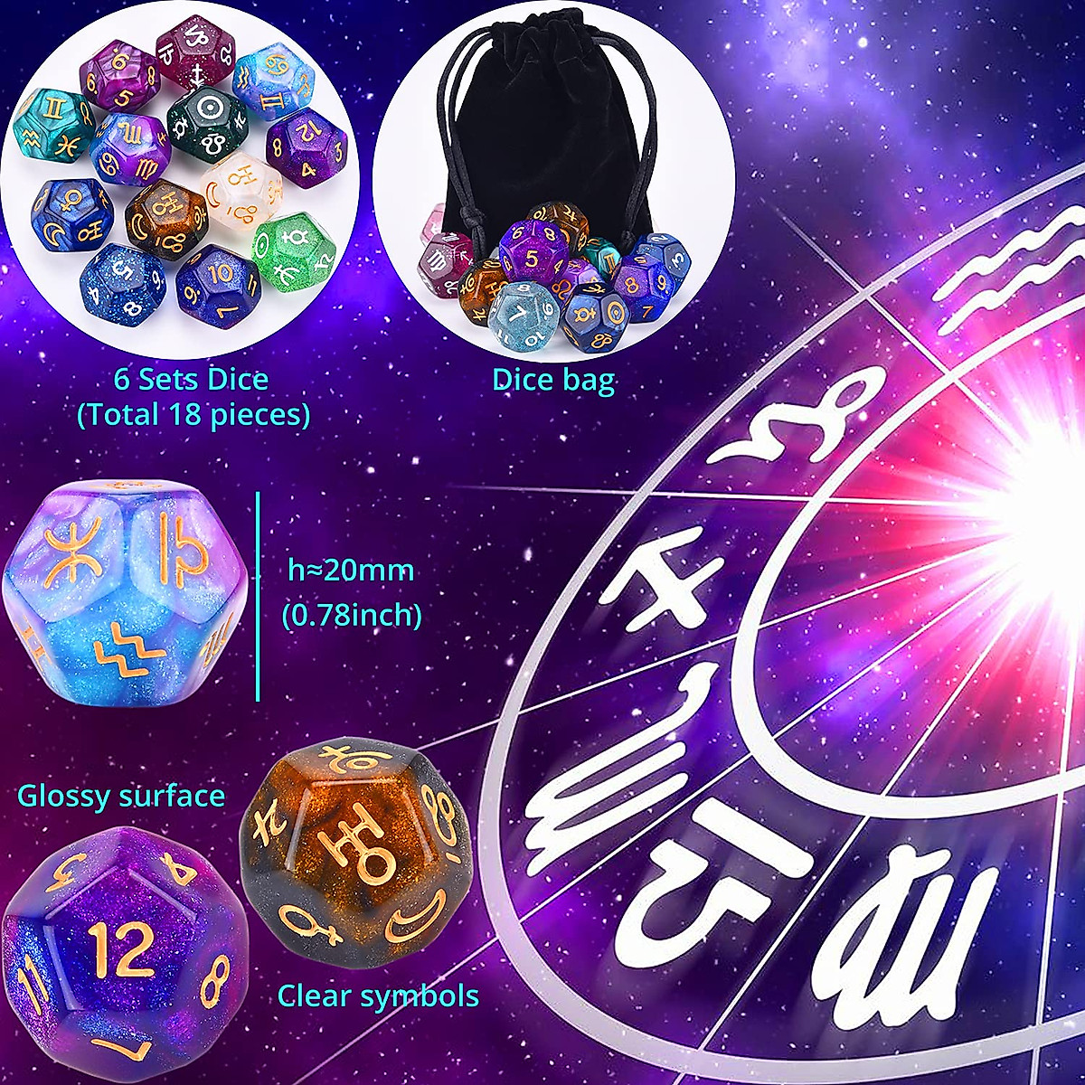 Amiven 6 Sets Astrology Dice, Signs Planets Numbers 12-Sided Dice Divination Tool