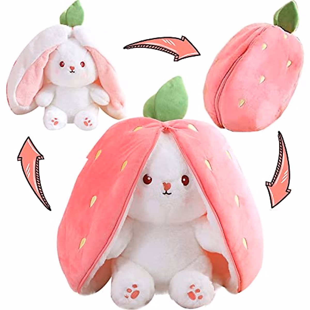 MIAODAM Bunny Stuffed Animal Reversible Cuddle Bunny Stuffed,Strawberry Bunny Transformed Rabbit Plush Zipper,Carrot That Turns Into Ears Bunnies Plushies Toy Cute Stuffy Doll Easter Girlfriend Gift