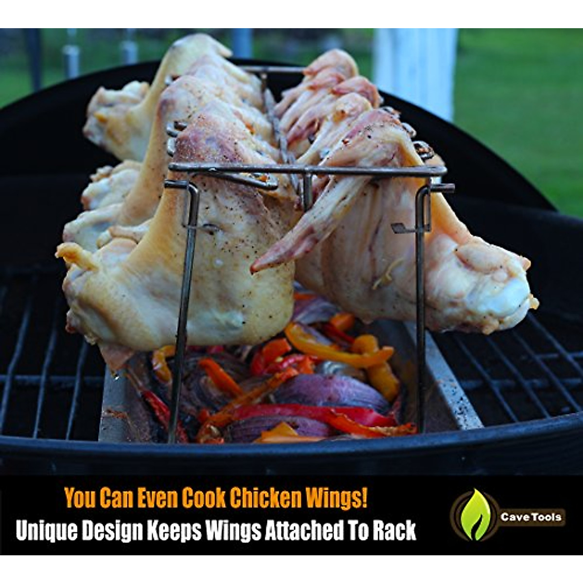 Cave Tools Chicken Wing & Leg Rack for Barbecue Grill Smoker or Oven - Stainless Steel Vertical Roaster Stand & Drip Pan/Grill Grease Tray for Cooking Vegetables in BBQ Juices - Dishwasher Safe