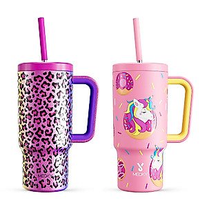 Meoky 24 oz Tumbler with Handle and Straw, 100% Leak-proof Tumbler with Lid and Straw, Insulated Stainless Steel Travel Coffee Mug, Keeps Cold for 24 Hours (Unicorn & Celebration)
