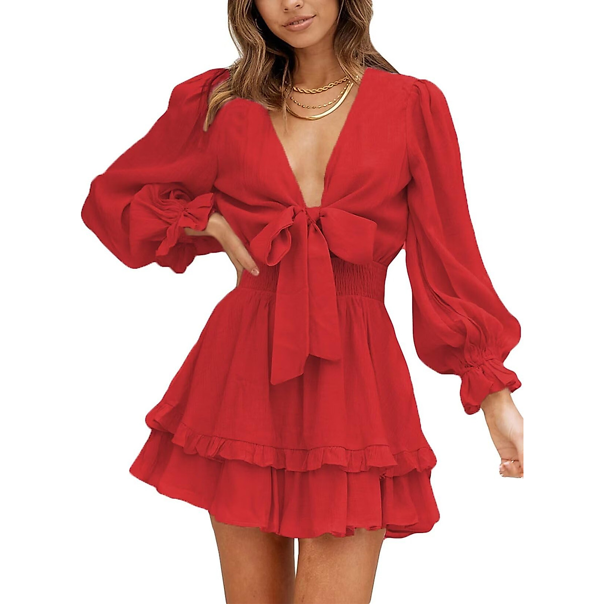 Dokotoo Womens Casual Spring Summer Sexy V Neck Ruffle Elegant Long Sleeve Empire Waist Tie Knot Cute Chiffon Boho Beach Tunic Swing A Line Flowy Mini Short Skater Dresses for Women 2024 Red M