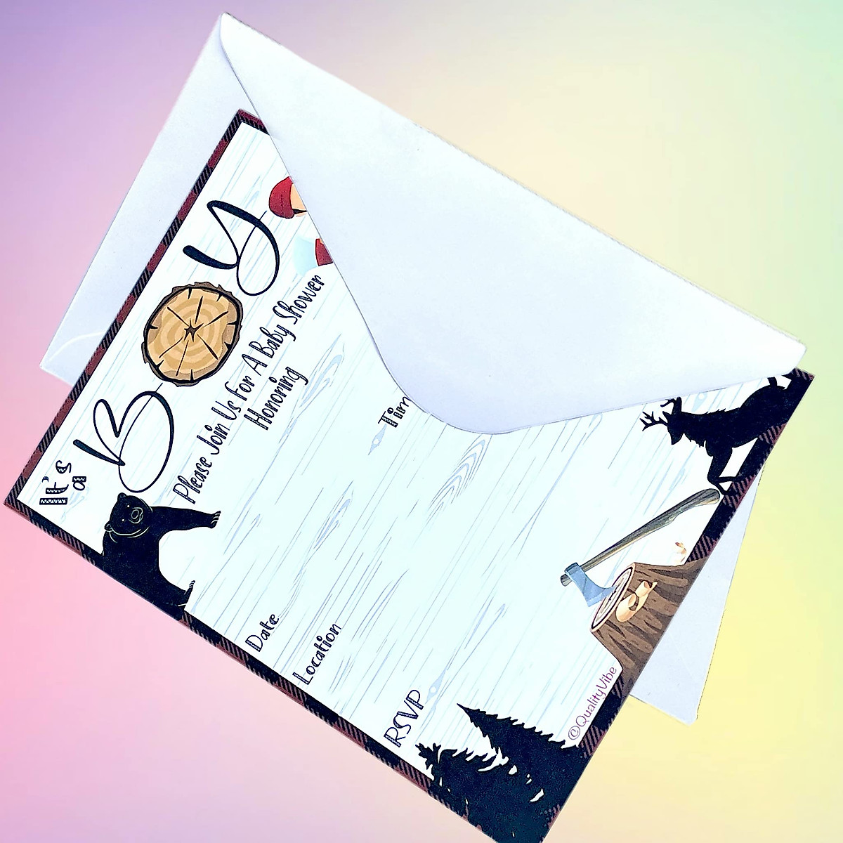 25 Lumberjack Baby Shower Invitations With Envelopes, Deer, Axe & Wood Background. Thick & Non Coated Cardstock For Use With Any Pen.