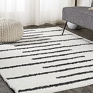 JONATHAN Y MOH402A-8 Alaro Berber Stripe Shag Indoor Area-Rug Bohemian Geometric Contemporary Glam Easy-Cleaning Bedroom Kitchen Living Room Non Shedding, 8 X 10, White/Black