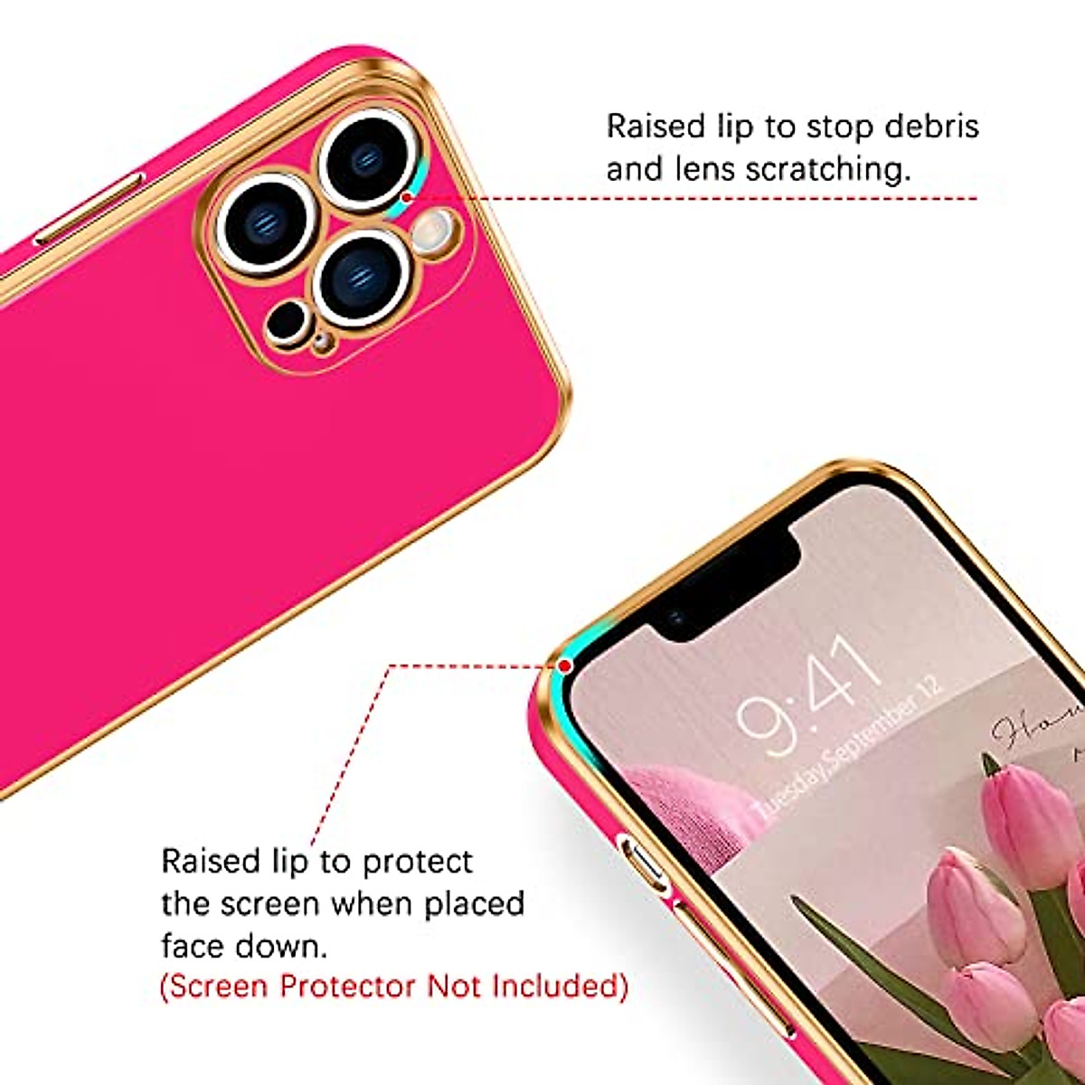 BENTOBEN for iPhone 13 Pro Max Case, Slim Soft Luxury Electroplated Bumper iPhone 13 Pro Max Phone Case for Women Men Girl Shockproof Protective Case Cover for iPhone 13 Pro Max 6.7", Hot Pink/Gold