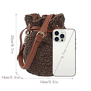 Aisi Women Girls Faux Fur Shoulder Bag Barrel Shape Drawstring Satchel Purse Faux Lamb Wool Crossbody Bag