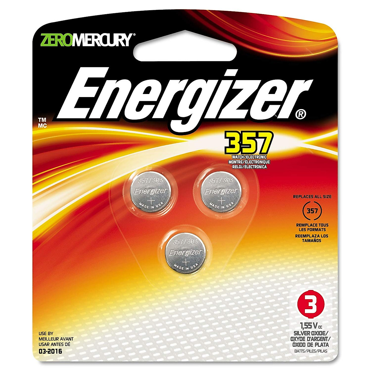 Energizer Battery 357BPZ-3 Watch/Calculator Button Cell Battery with Zero Mercury - Card/3 (Pack of 10) total of 30 batteries.