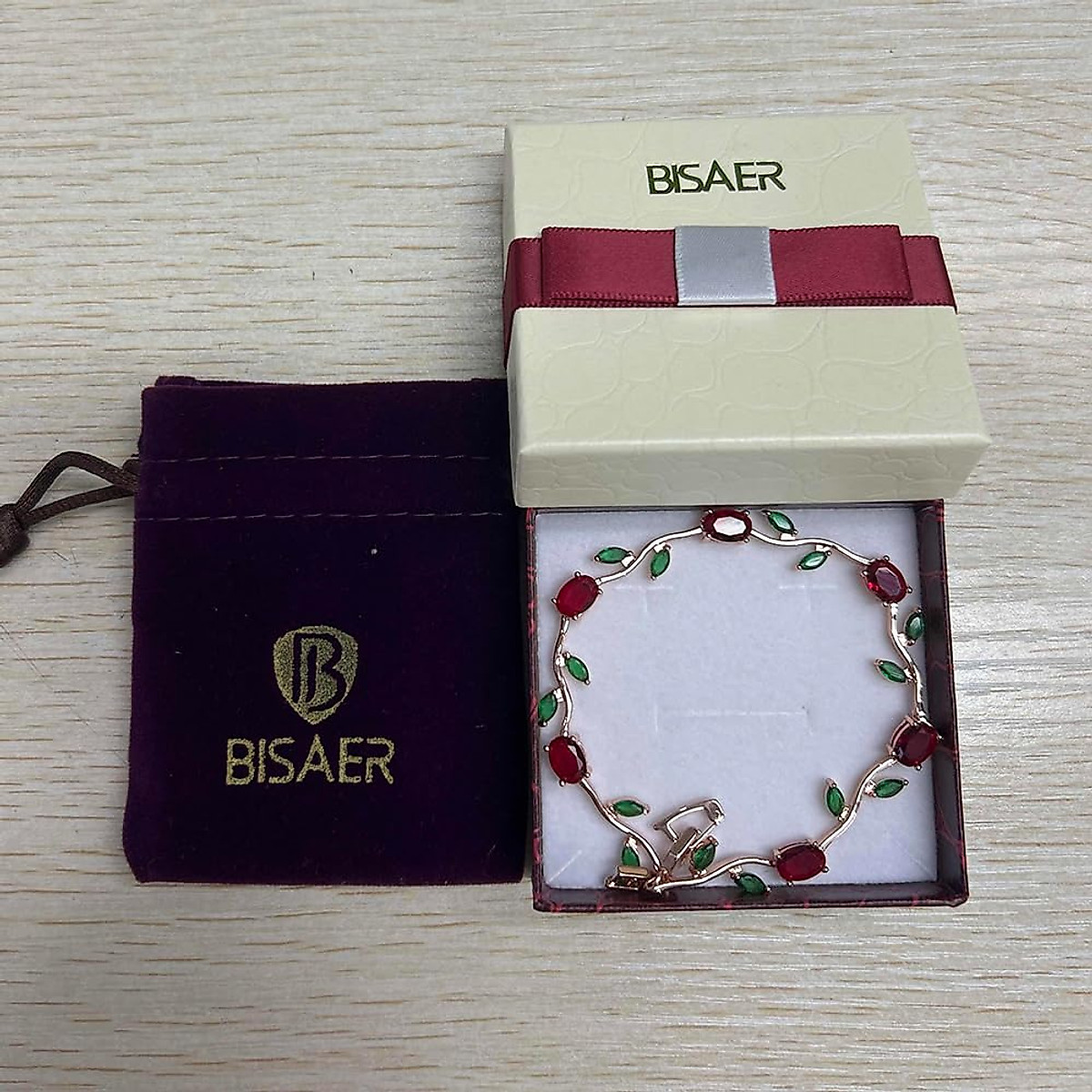 BISAER Mothers Day Gift/Lovely Rose Gold Plated Bracelets with AAA Cubic Zirconia Ruby Flower Emerald Leaf Beautiful Vine Bracelet for Women 7 Inch-Ideal Tennis Bracelets Valentine’s Day Gift