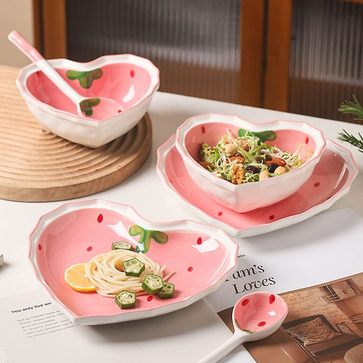 Angoily Ceramic Dessert Bowls Plate: 1 Set Love Heart Shaped Strawberry Salad Bowl with Spoon Porcelain Mixing Bowls for Soup Pasta Dessert Cereal Snack Rice Noodles Ice Cream