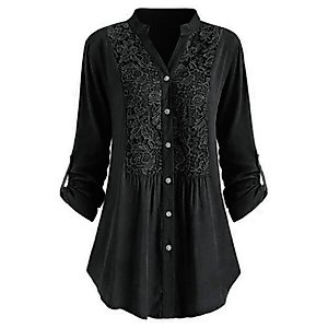LFEOOST Flower Lace Tops for Women Casual Summer Long Sleeve Button V Neck Shirts Plus Size Loose T-Shirt Blouses