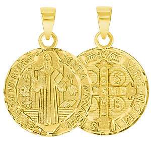 Jewelry America Solid 14k Yellow Gold Round Shaped St. Benedict Medallion Charm Pendant with Cable Chain Necklace, 20"