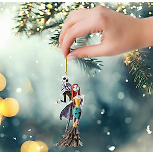 2023 Nightmare Halloween Christmas Tree Decorations, Cute Jack and Sally Christmas Pendants, Flat Christmas Ornaments Set for Xmas Tree and Car Interior (A)