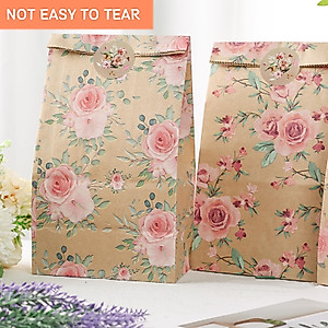 VGOODALL 24PCS Floral Gift Bags, Kraft Paper Treat Bags Party Favor Bags Lunch Bags with Stickers for Weddings Birthday Baby Shower Party Supplies