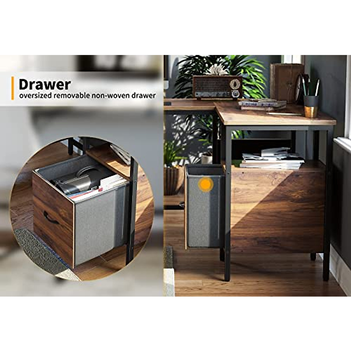 CubiCubi L Shaped Desk with Shelves, 59.1 Inch Corner Computer Desk, Home Office Gaming Writing Workstation with Large Non-Woven Drawer, Deep Brown