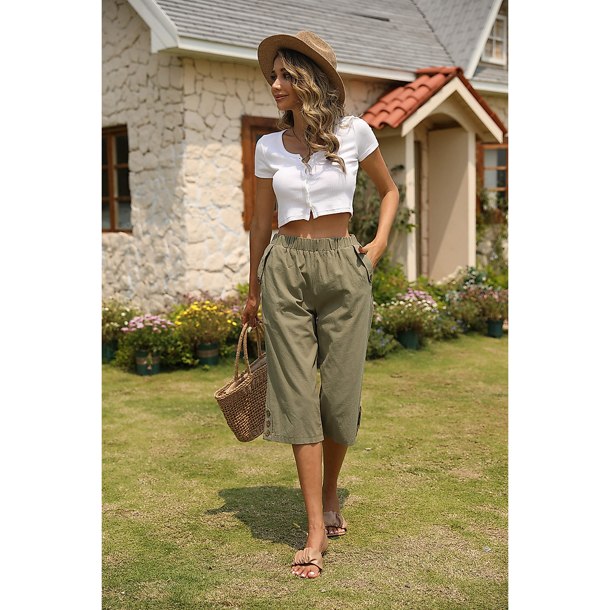 Veatzaer Elastic Waistband Pants Women Flowy Cropped Pants LightweightCrop PantswithPockets(Green,XL)