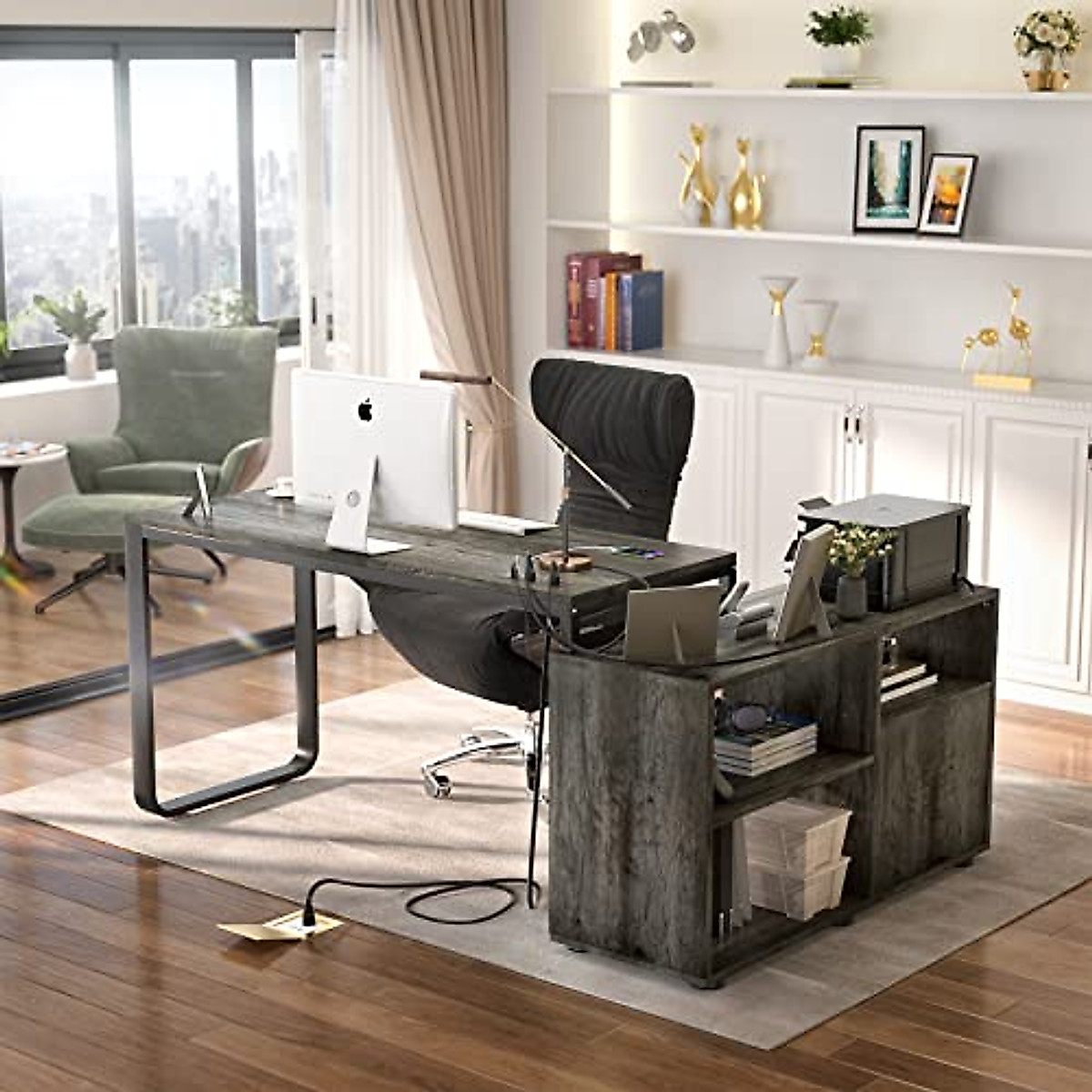 Homieasy L Shaped Desk with File Cabinet & Power Outlet, Reversible 55 Inch Large Corner Computer Desks with LED Strip, L-Shaped Computer Desk with Drawers and Storage Shelves for Home Office, Grey