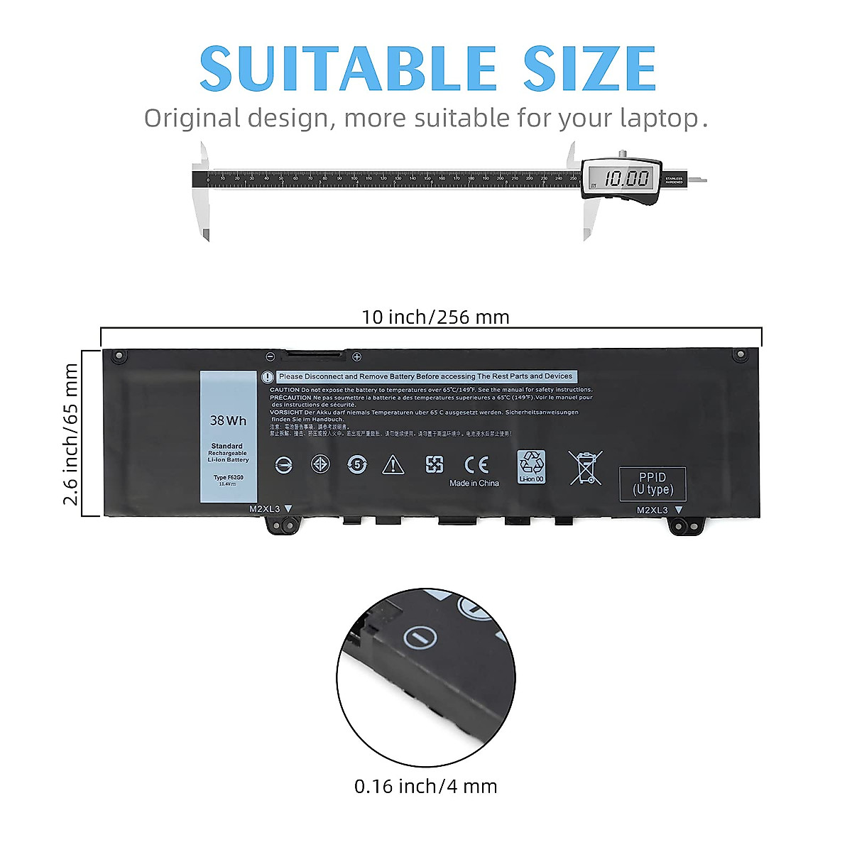 HFLRZZ F62G0 039DY5 Laptop Battery Replacement for Dell Inspiron 13 7000 7373 5370 7370 7380 7386 P83G P87G P91G P83G001 P83G002 P87G001 Vostro 13 5370 D1525S D1505G Series RPJC3 0RPJC3 [38Wh 11.4V]