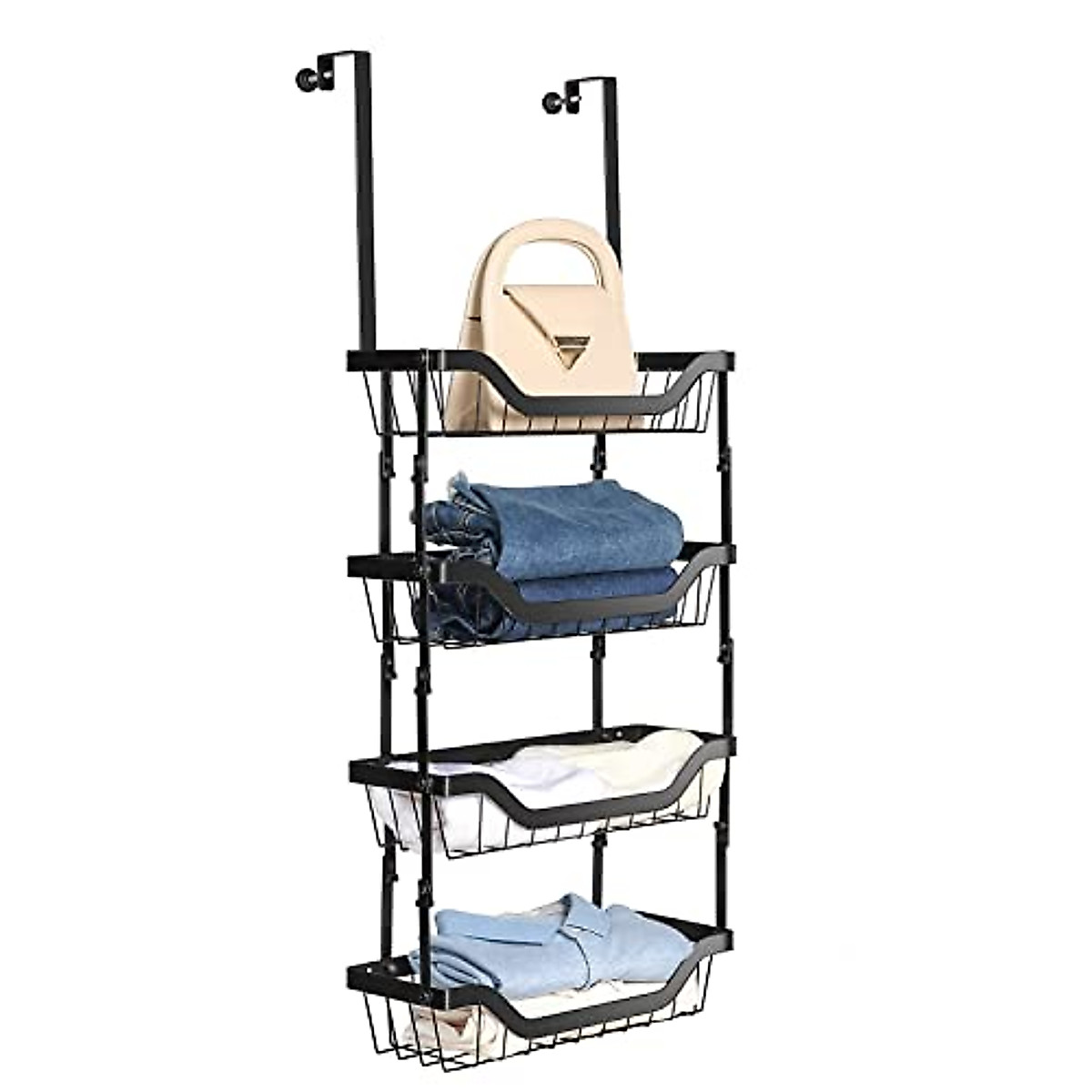 Chemailon Over The Door Hanging Organizer, 4-Shelf Wall Mount Metal Wire Storage Rack Behind Door for Bedroom Living Room Pantry Bathroom (Black)