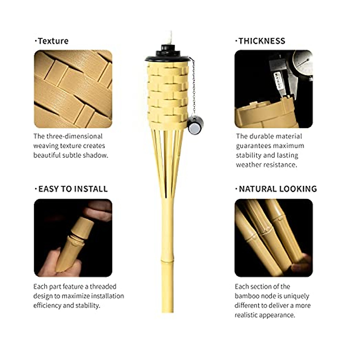 ONETHATCH Synthetic Bamboo Torches (4pack); Weather-Resistant Large Island Citronella Torch for Outdoor Lighting, Luau, Party, and Garden Decor; Wide-Mouth Canister, Stands 60" Tall