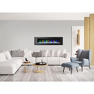 Cambridge 72 Inch Wall Mount Electric Fireplace Heater with Remote Control, Multicolor Flames, and Driftwood Log Display for Indoor Use in Living Room, Bedroom, Home Office, Black