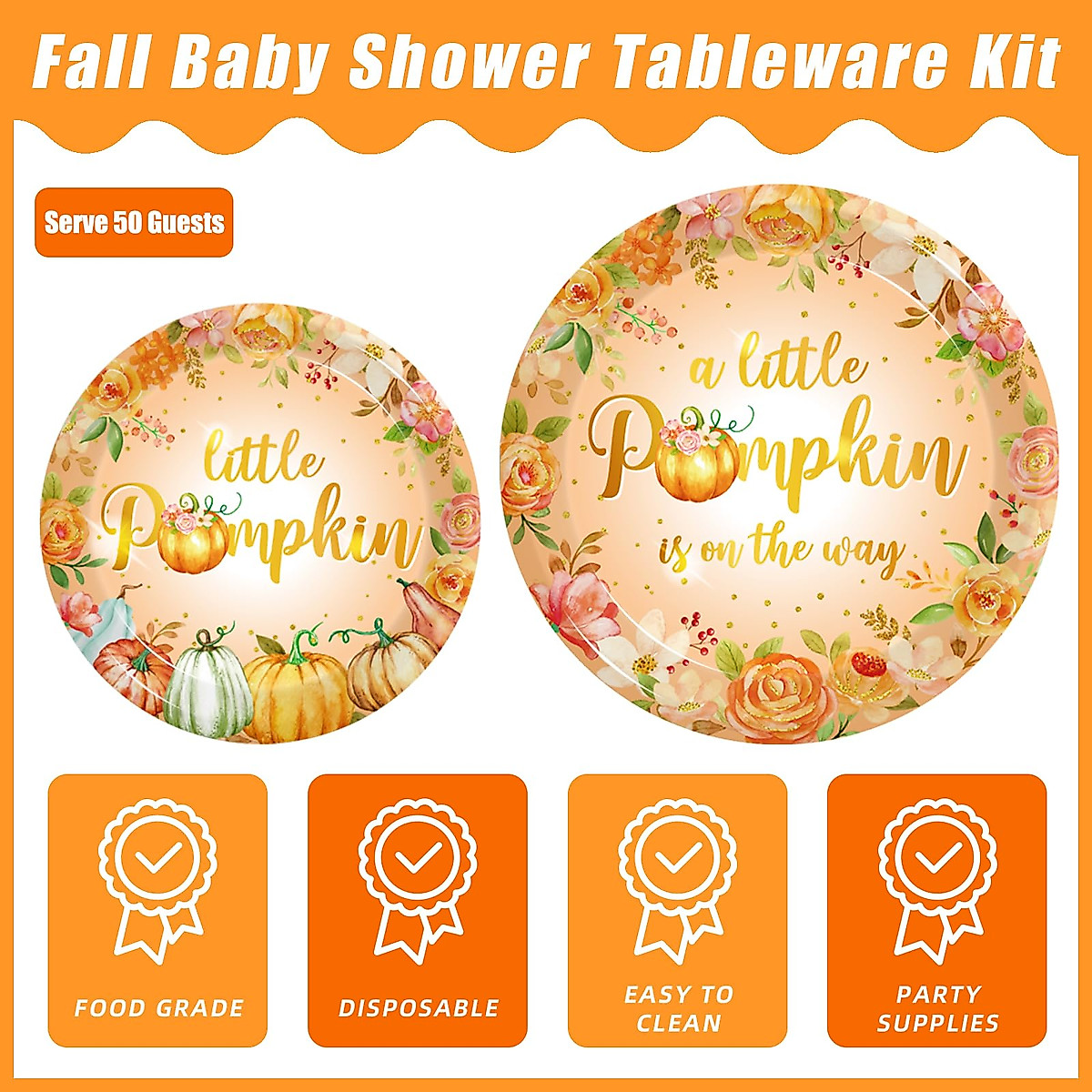 Kepeel 200Pcs Fall Little Pumpkin Baby Shower Plates and Napkins Set, Autumn A Little Pumpkin is on The Way Party Supplies Decorations Thanksgiving Baby Shower Birthday Party Tableware Kit, Serves 50