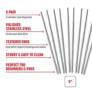 Joyce Chen Reusable Stainless Steel Metal Chopsticks Set, 5 Pair Set