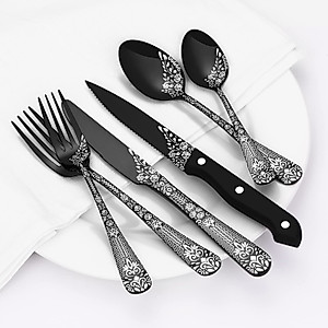 EUIRIO 89-Piece Black Silverware Set with Serving Utensils, Black Flatware Set for 14, Stainless Steel Mirror Cutlery Set, Spoons Forks Knives with Unique Floral Laser, Tableware Set, Dishwasher Safe